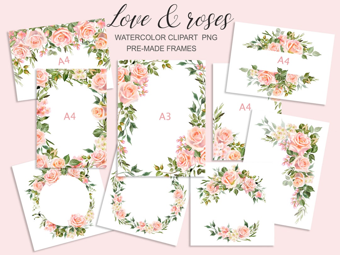 Blush Rose Frame Clipart. Watercolor Flowers PNG. Floral - Etsy