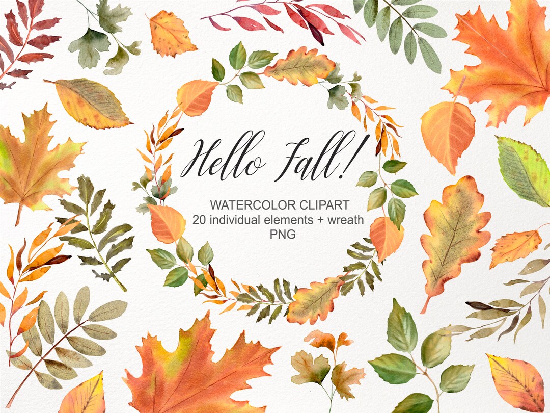 Fall Leaves Clipart. Watercolor Autumn Wreath PNG. Maple Leaf. Oak Leaf ...