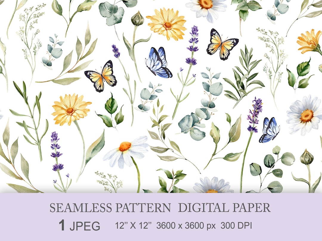 Wildflowers Digital Paper. Daisy Flower & Butterfly Seamless Pattern ...