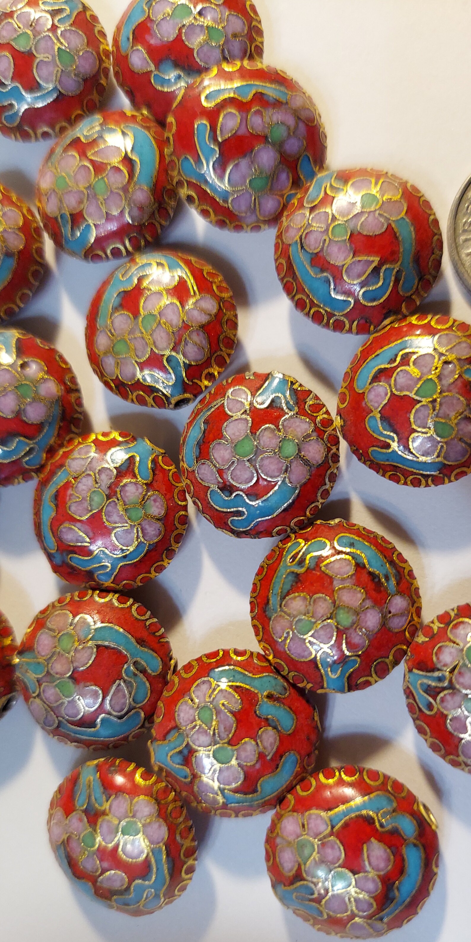 Vintage Cloisonne Red, Turquoise, & Pink Artistic Pancake Disc 16mm X ...