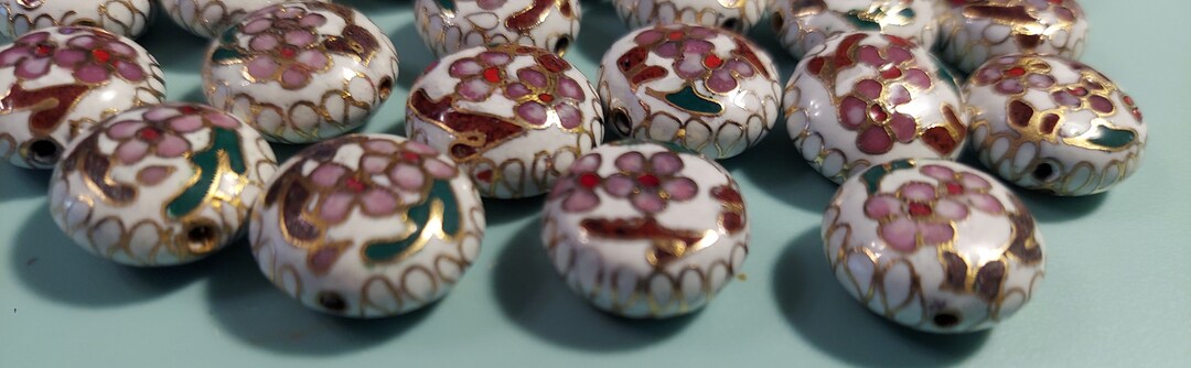 Vintage Cloisonne White Artistic Pancake Disc 16mm X 7mm Thickness ...