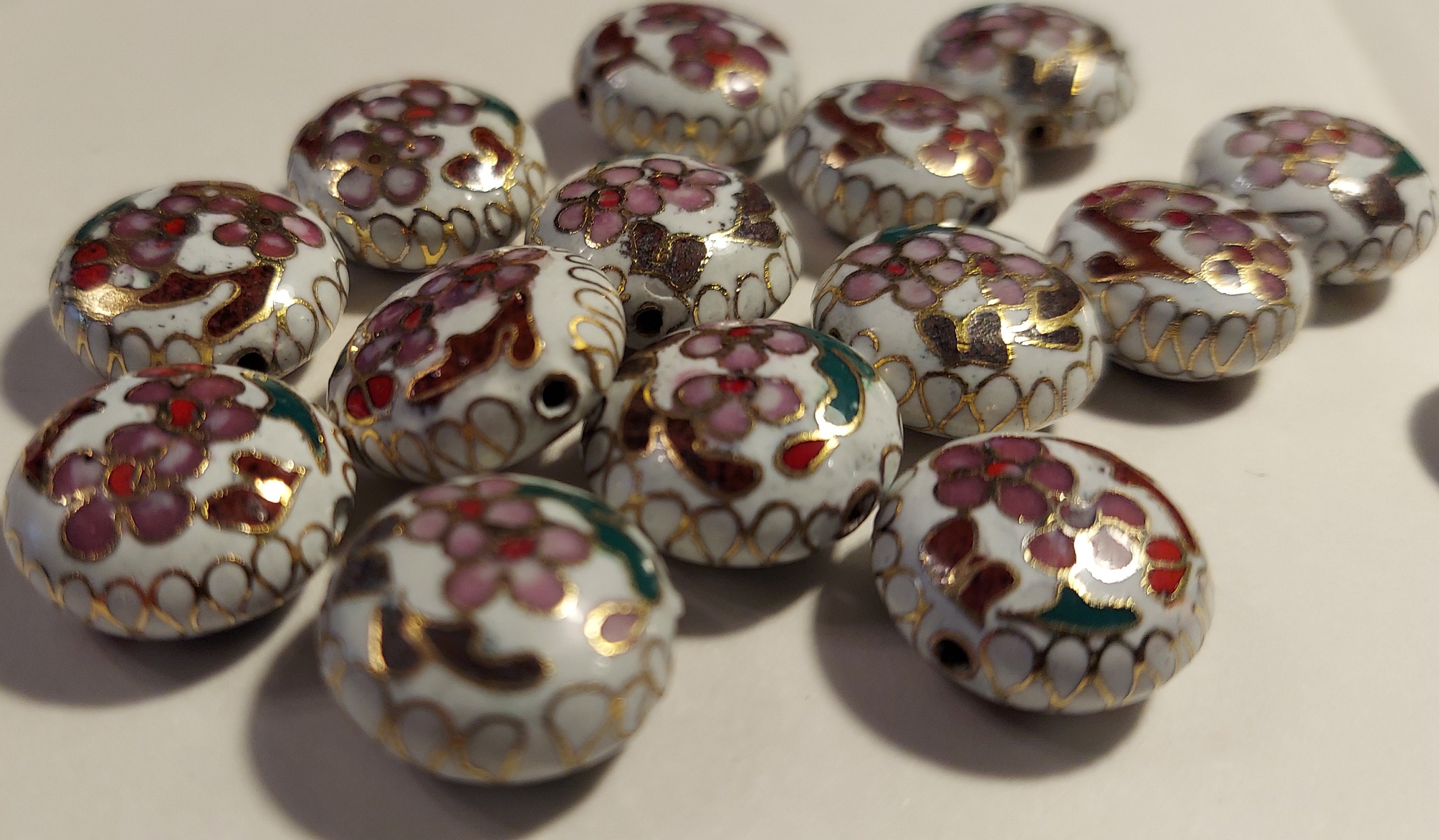 Vintage Cloisonne White Artistic Pancake Disc 16mm X 7mm Thickness ...