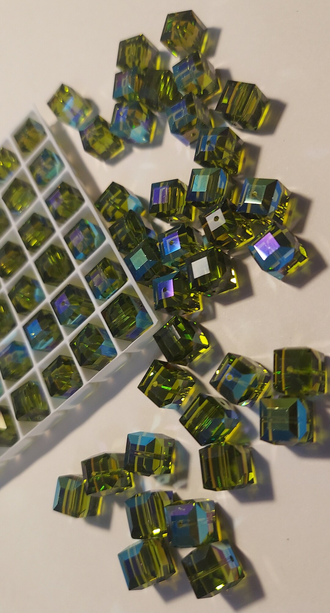 Swarovski 8mm Cube Beads in Olivine Aurore Boreale 5601 Half Factory Flat of 36 Pristine Color ...