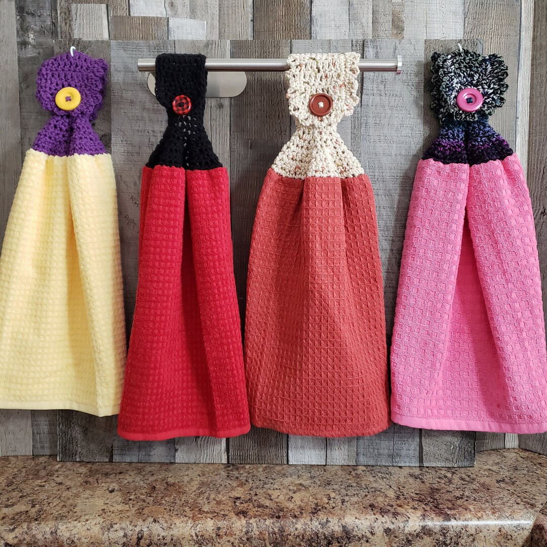 Solid Waffle Kitchen Towels With Crochet Top and Button Closure,100% ...
