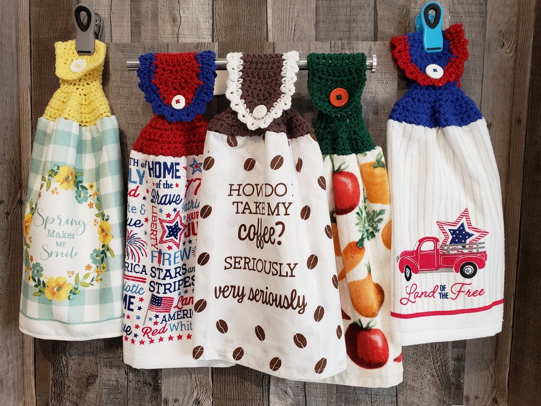 Kitchen Towels With Crochet Topper and Button Closure for Hanging ...