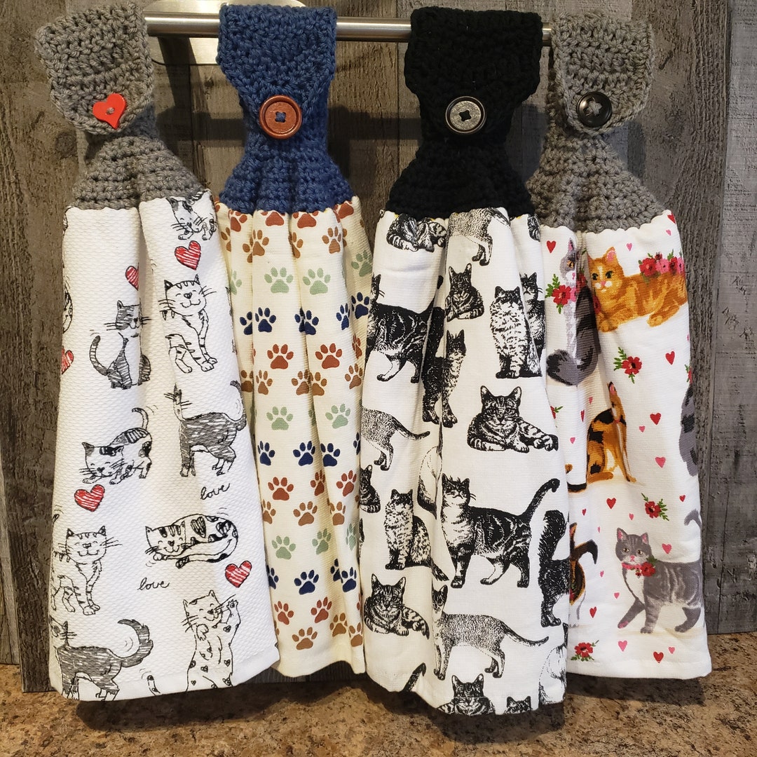 Cat Kitchen Towels With Crochet Top and Button Closure for Hanging ...