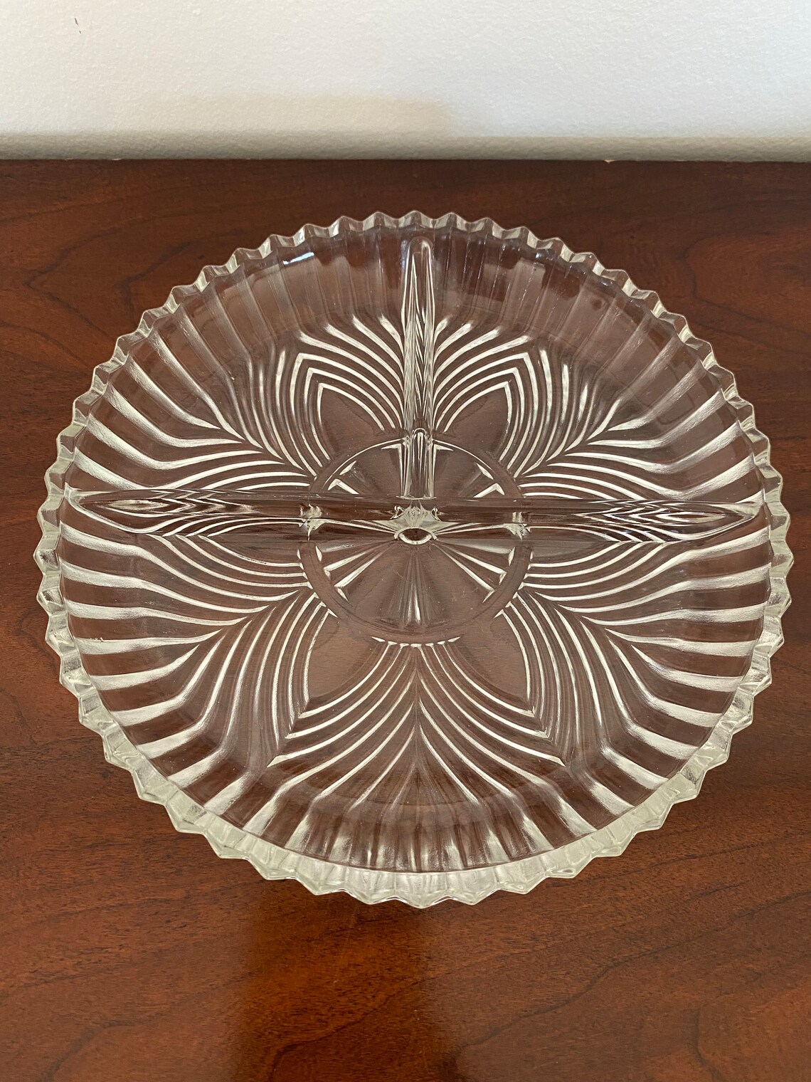 Indiana Glass 3 Part Relish Tray Bowl Ridge and Fans #259 Clear Round 7 ...