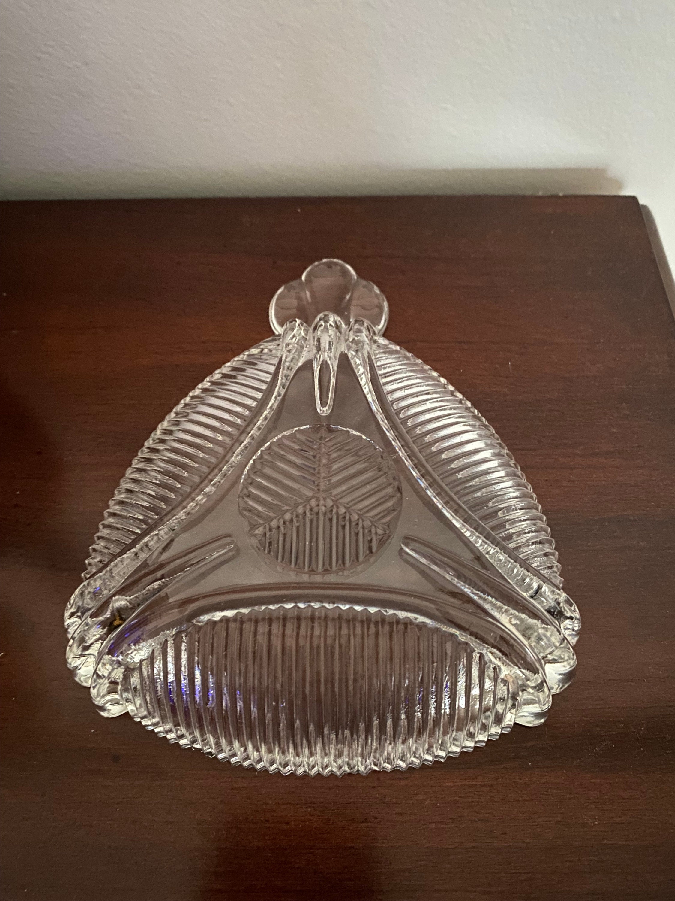 Art Deco Glass Nappy Candy Dish Triangle Shape Three Sided Ribbed Hazel ...