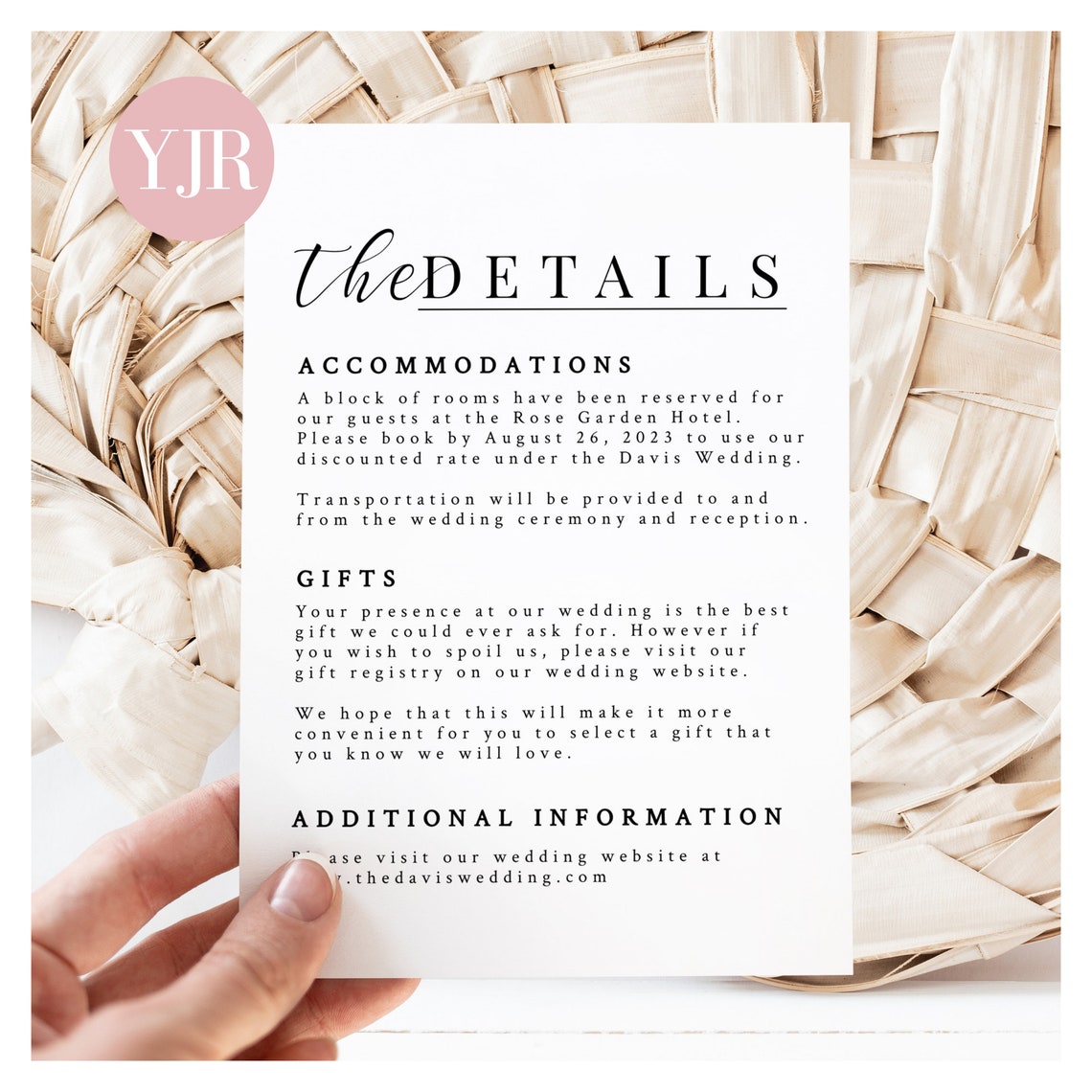Minimalist Details Card, Modern Wedding Details Card Template, Wedding Invitation Insert ...