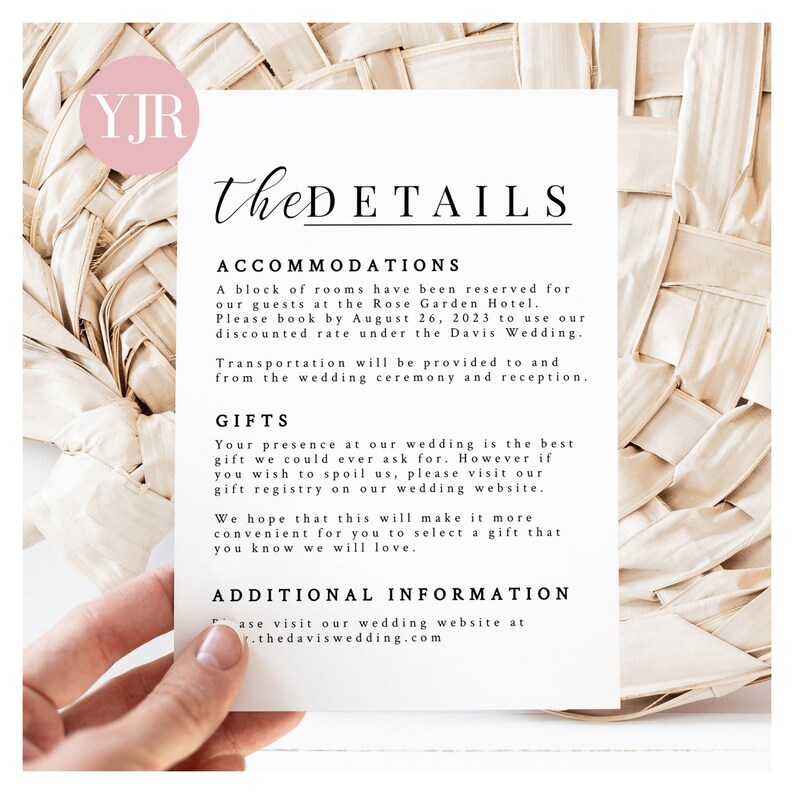 Minimalist Details Card, Modern Wedding Details Card Template, Wedding ...