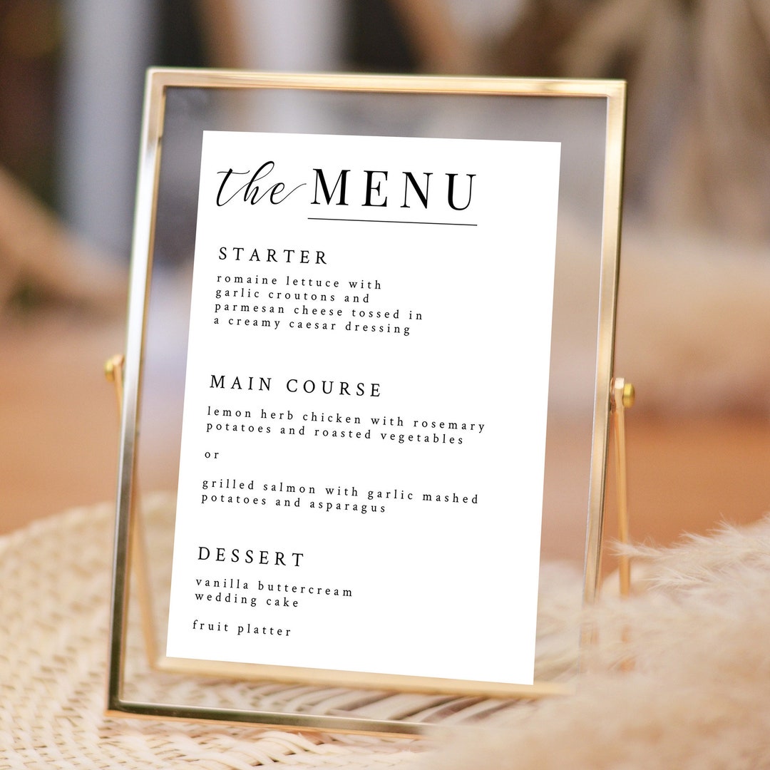 Wedding Food Menu Sign, Reception Dinner Menu Template, Elegant Wedding ...