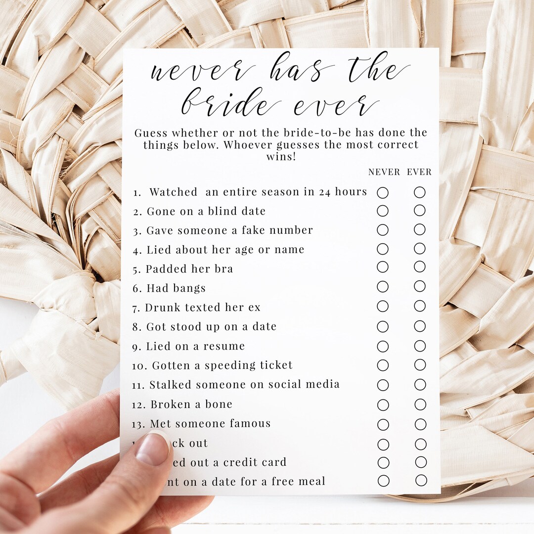 Never Has She Ever Bridal Shower Game, Never Has the Bride Ever, Ever ...