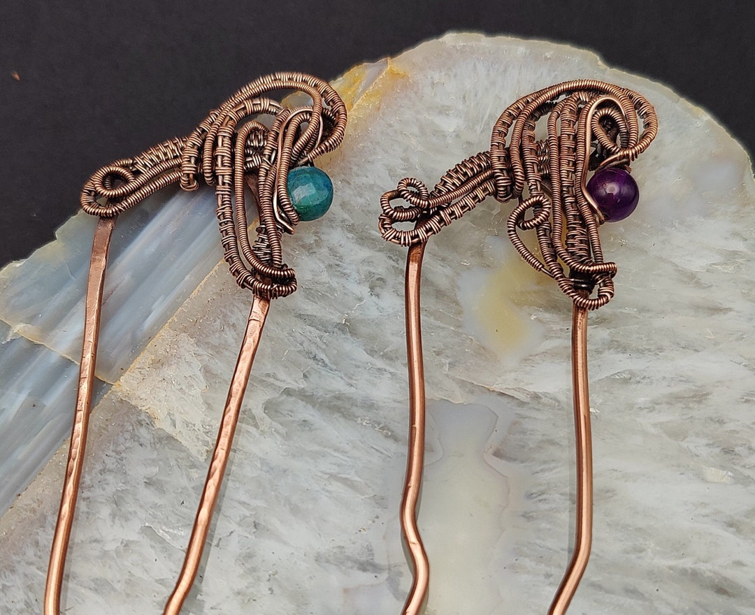 Wire Wrapped and Weaved Hair Pin With Gemstone Bead - Etsy