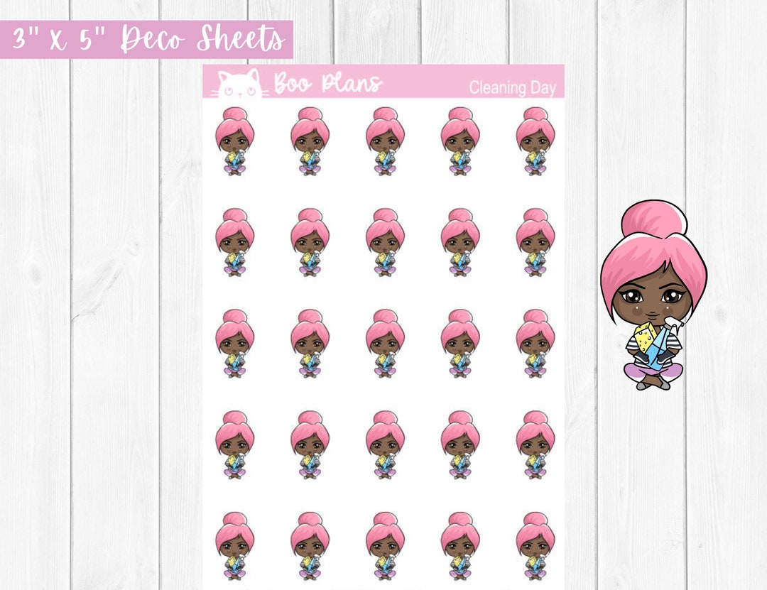 Cleaning Day Chibi Character Dark Skin Stickers Decorative Planner ...