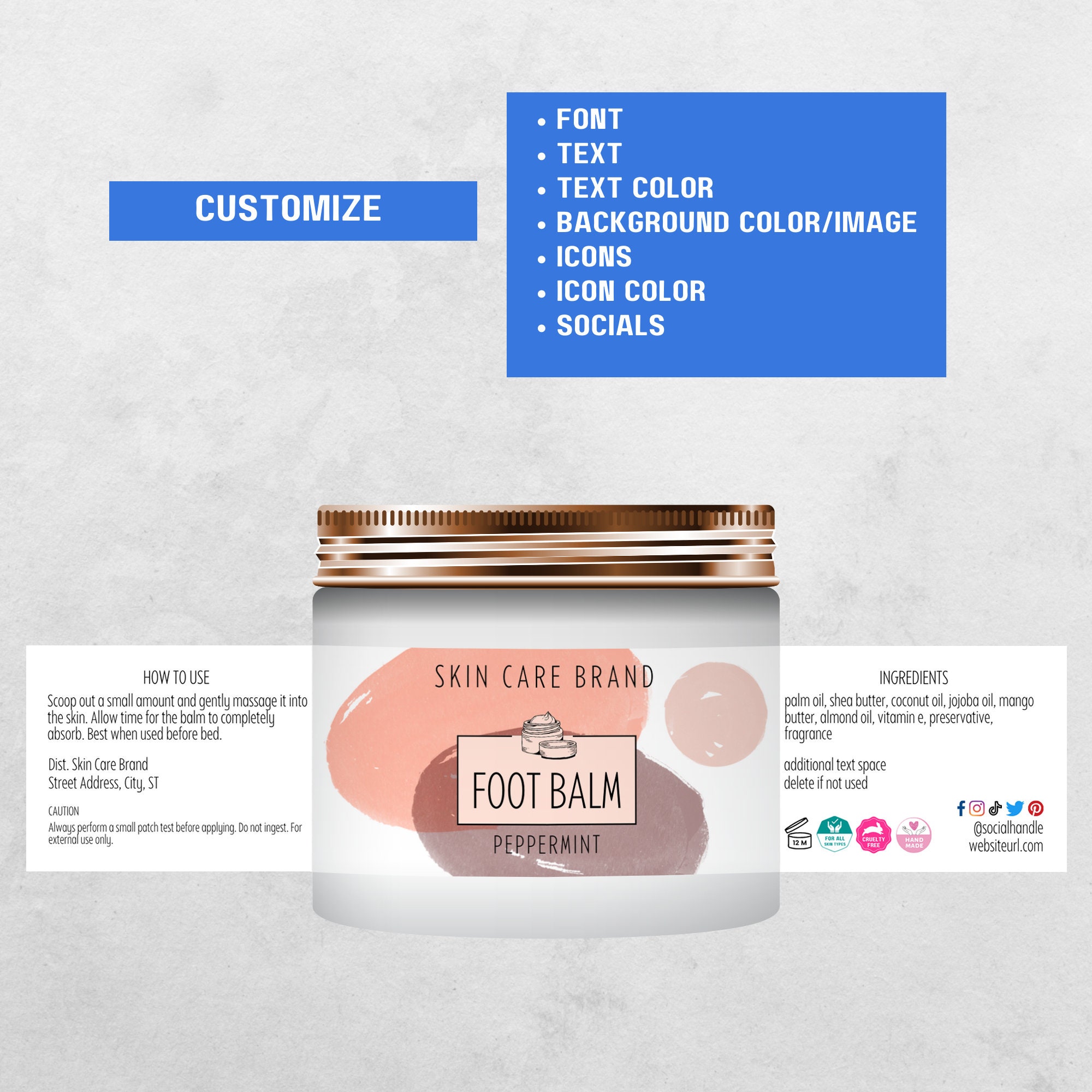 Foot Balm Wrap Around Cosmetic Jar Label Template Editable Lotion ...