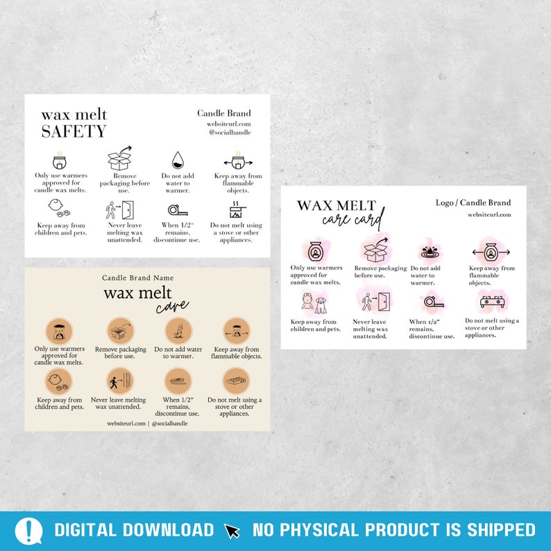 Candle Wax Melt Safety Care Card Template Editable Soy Wax Melt Care ...