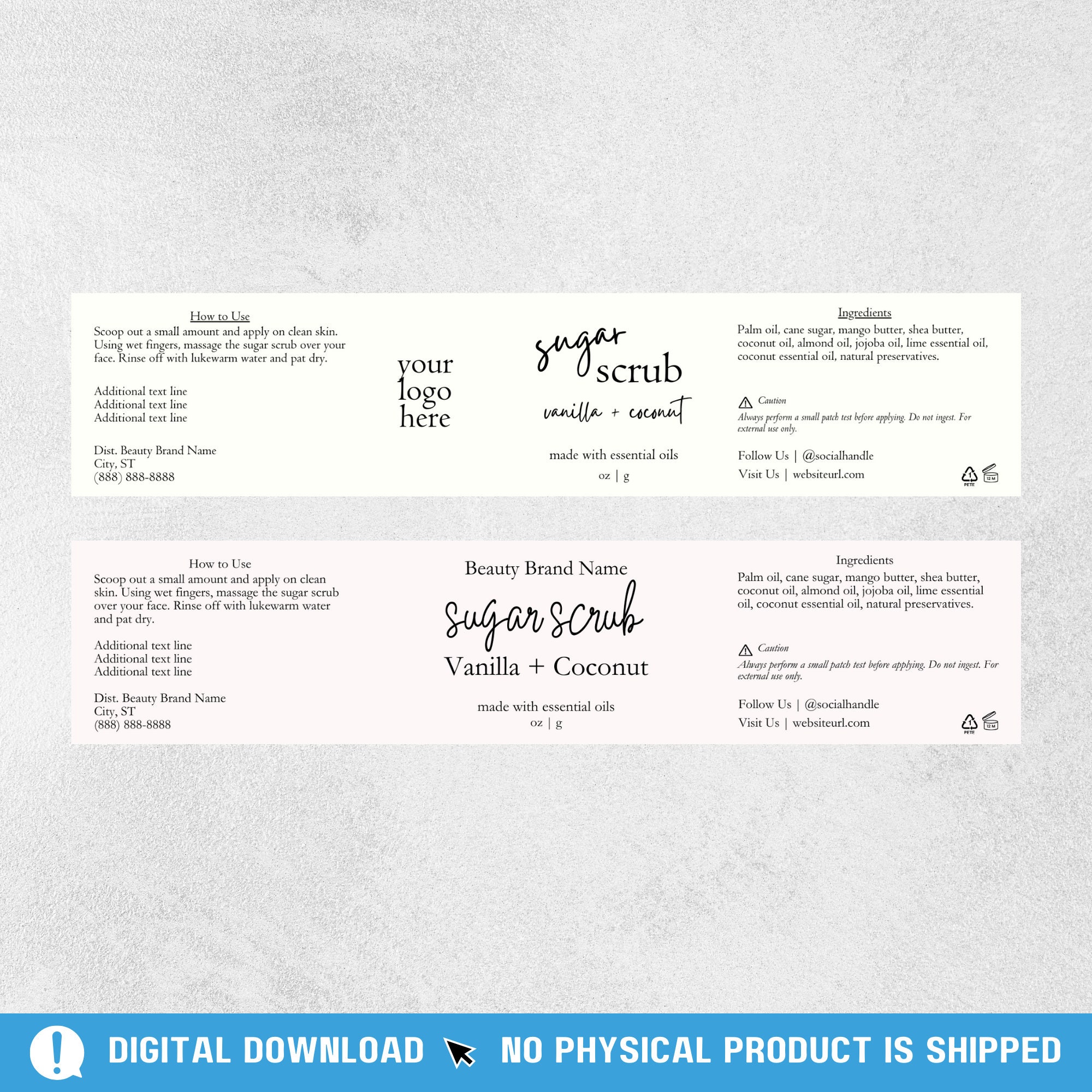 Sugar Scrub Wrap Around Label Template Editable Handmade Cosmetic Jar Label DIY Custom Skincare ...