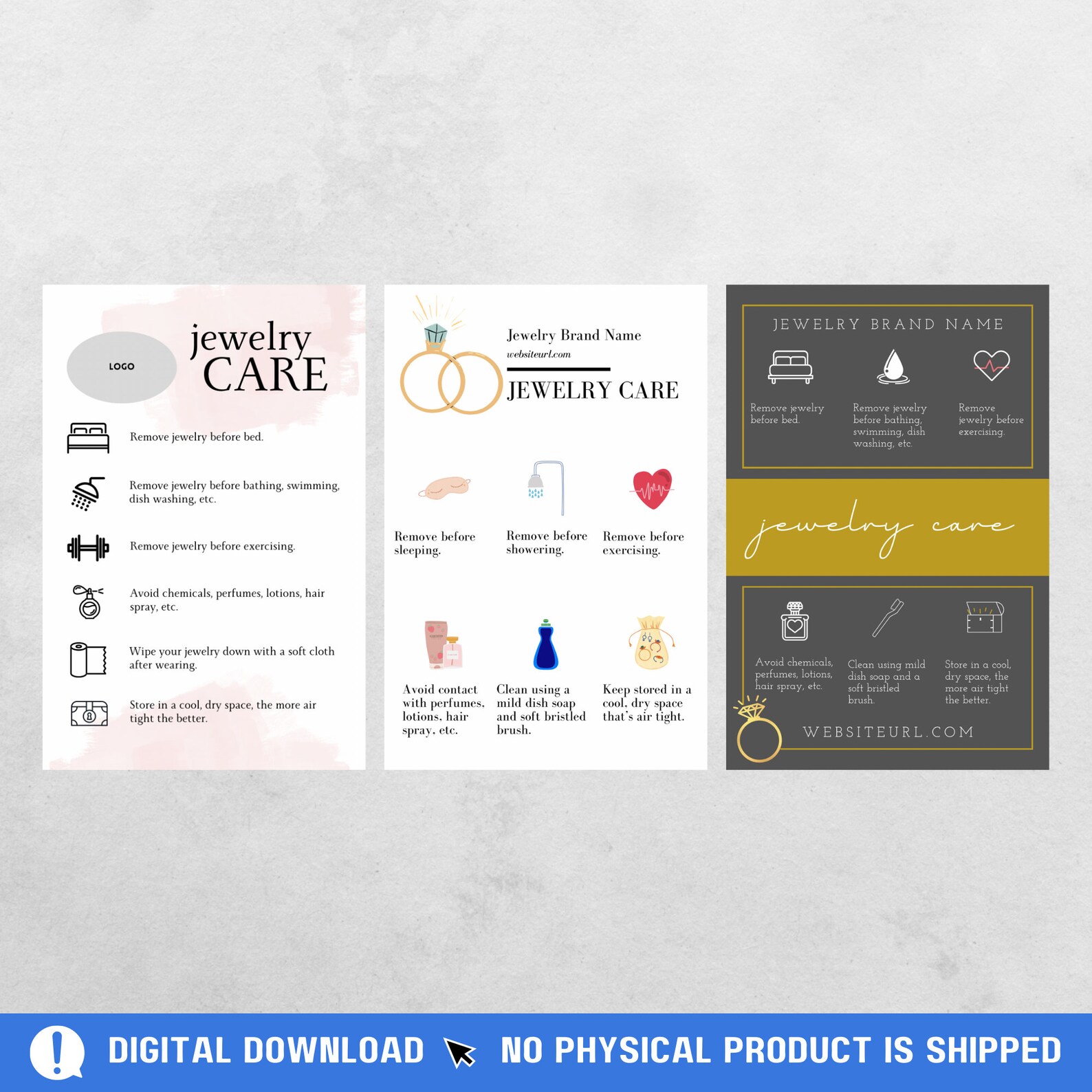 Jewelry Care Card With Icons Template Editable Modern Jewelry Care ...