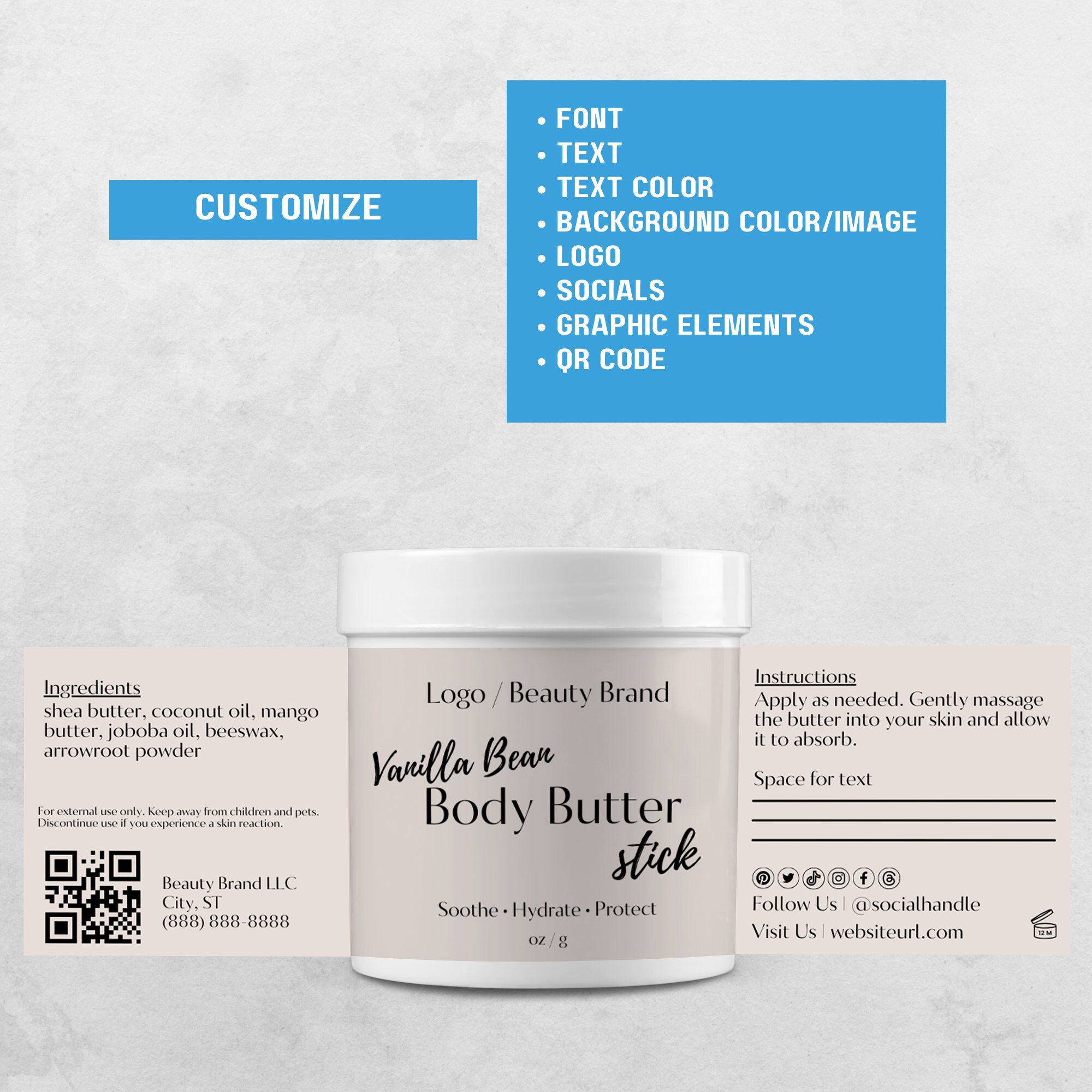 Body Butter Balm Stick Label Template Editable Wrap Around Cosmetic ...