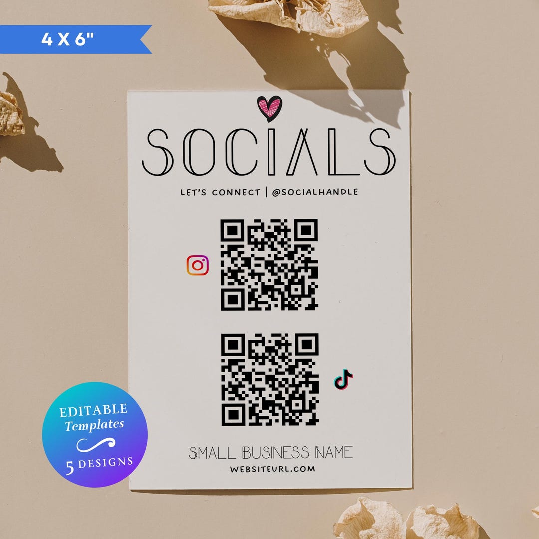 Editable Social Media QR Code Card Template Custom Socials Follow Us ...