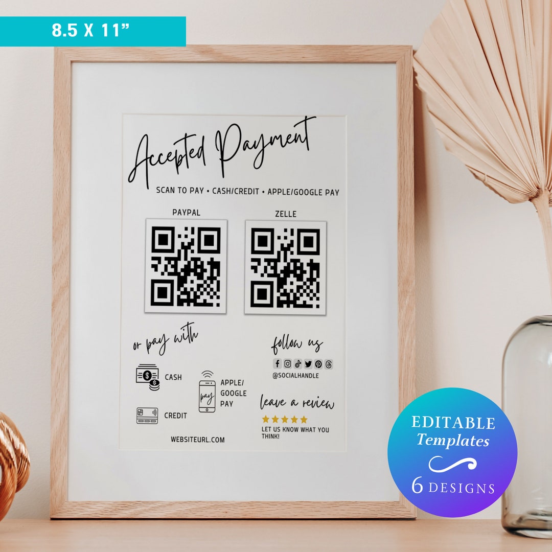 Accepted Payment Table Sign With QR Scan to Pay Code Editable Scan to ...
