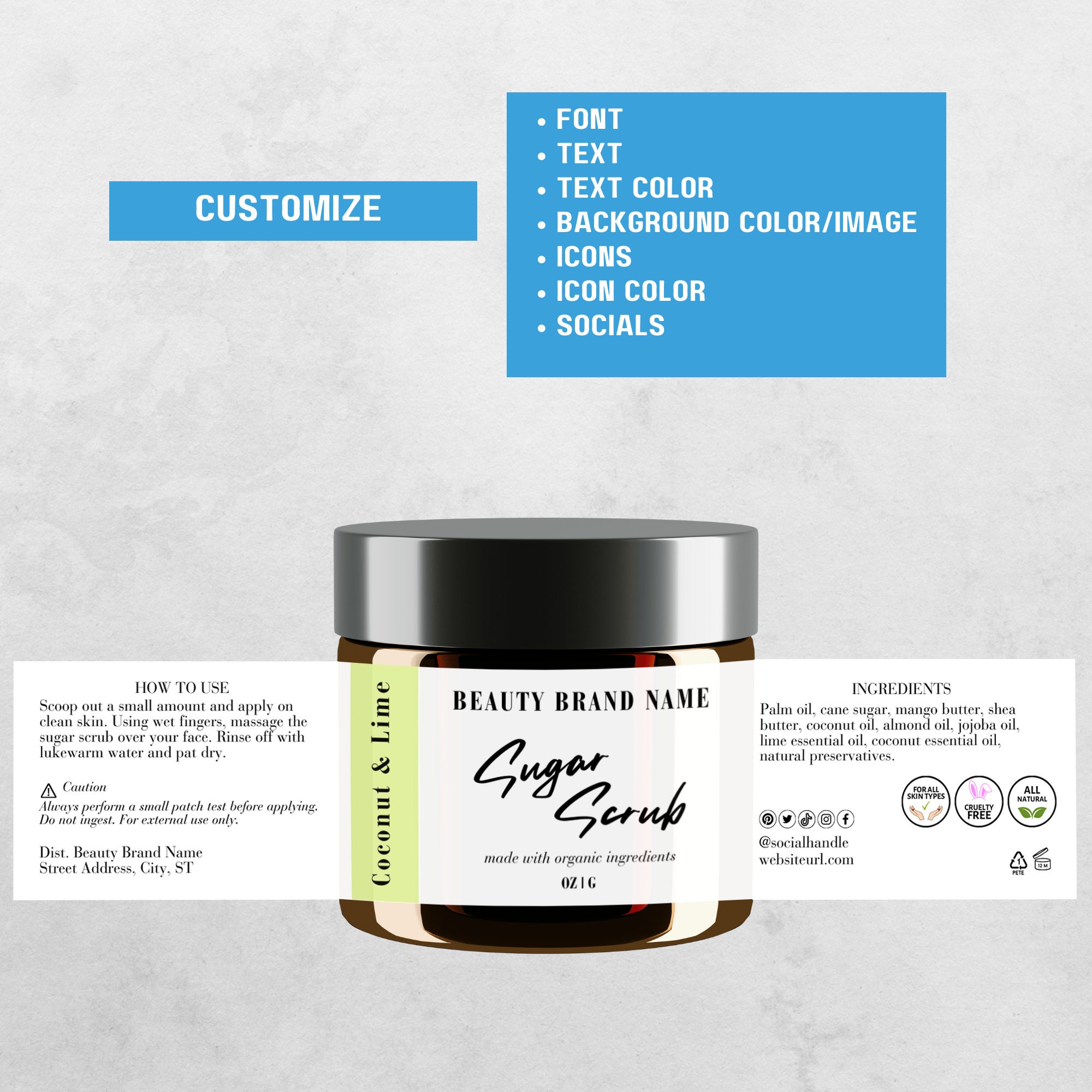 Skincare Sugar Scrub Wrap Around Label Template Editable Hand/body ...