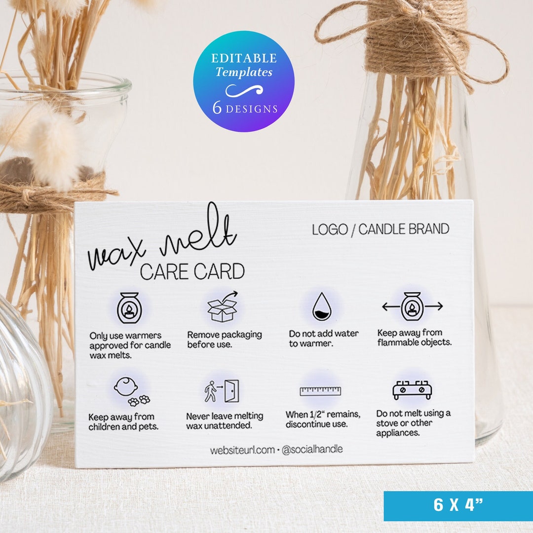 Candle Wax Melt Safety Care Card Template Editable Soy Wax Melt Care ...