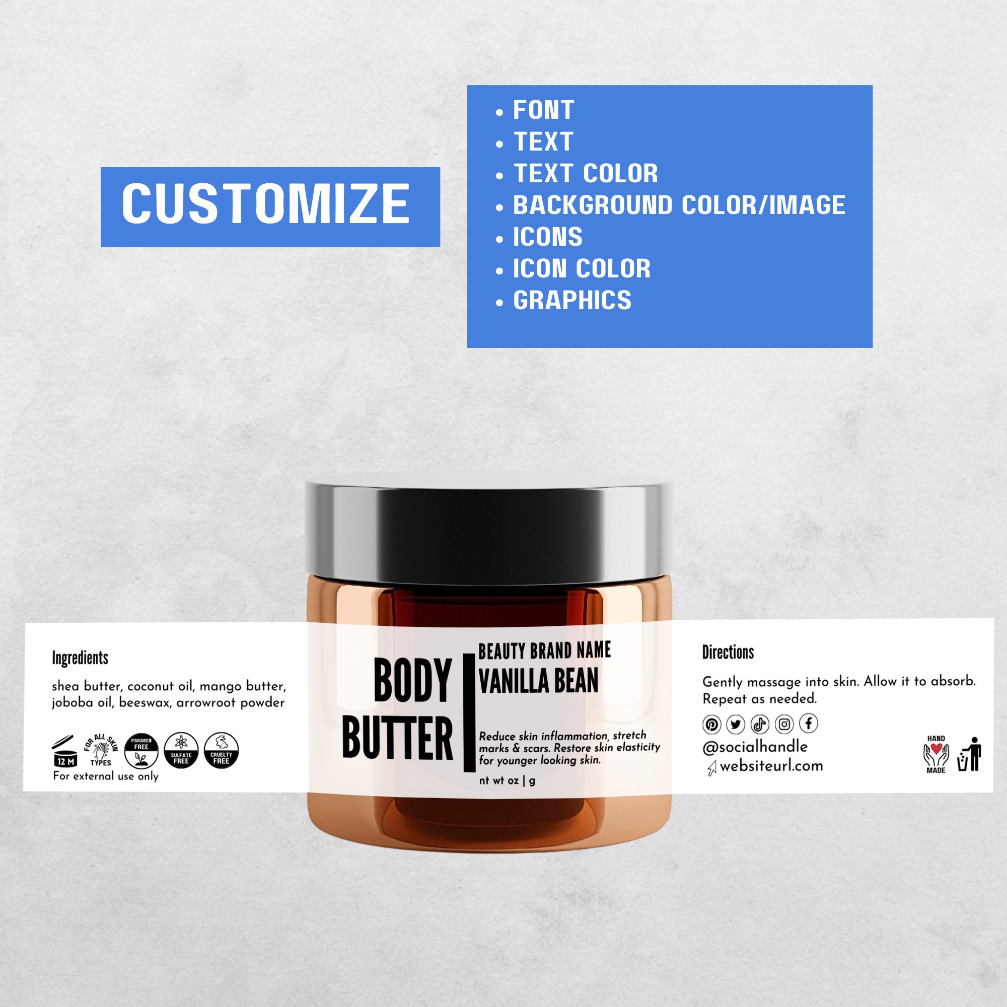 Body Butter Cosmetic Jar Label Template Printable Wrap Around Beauty ...