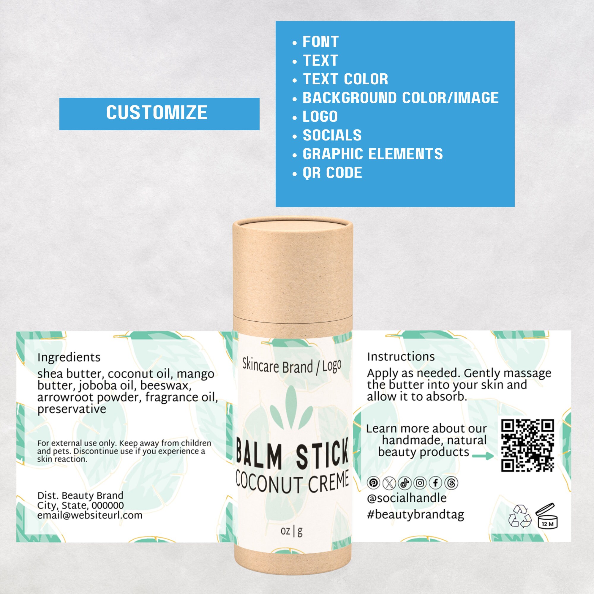Balm Stick Wrap Around Label Template Editable Butter Moisturizer Stick ...