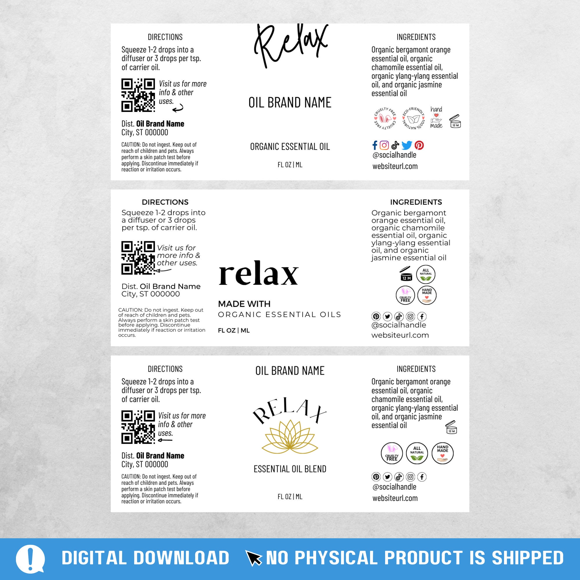 Essential Oils Bottle Label Template Editable Oil Dropper Wrap Around ...