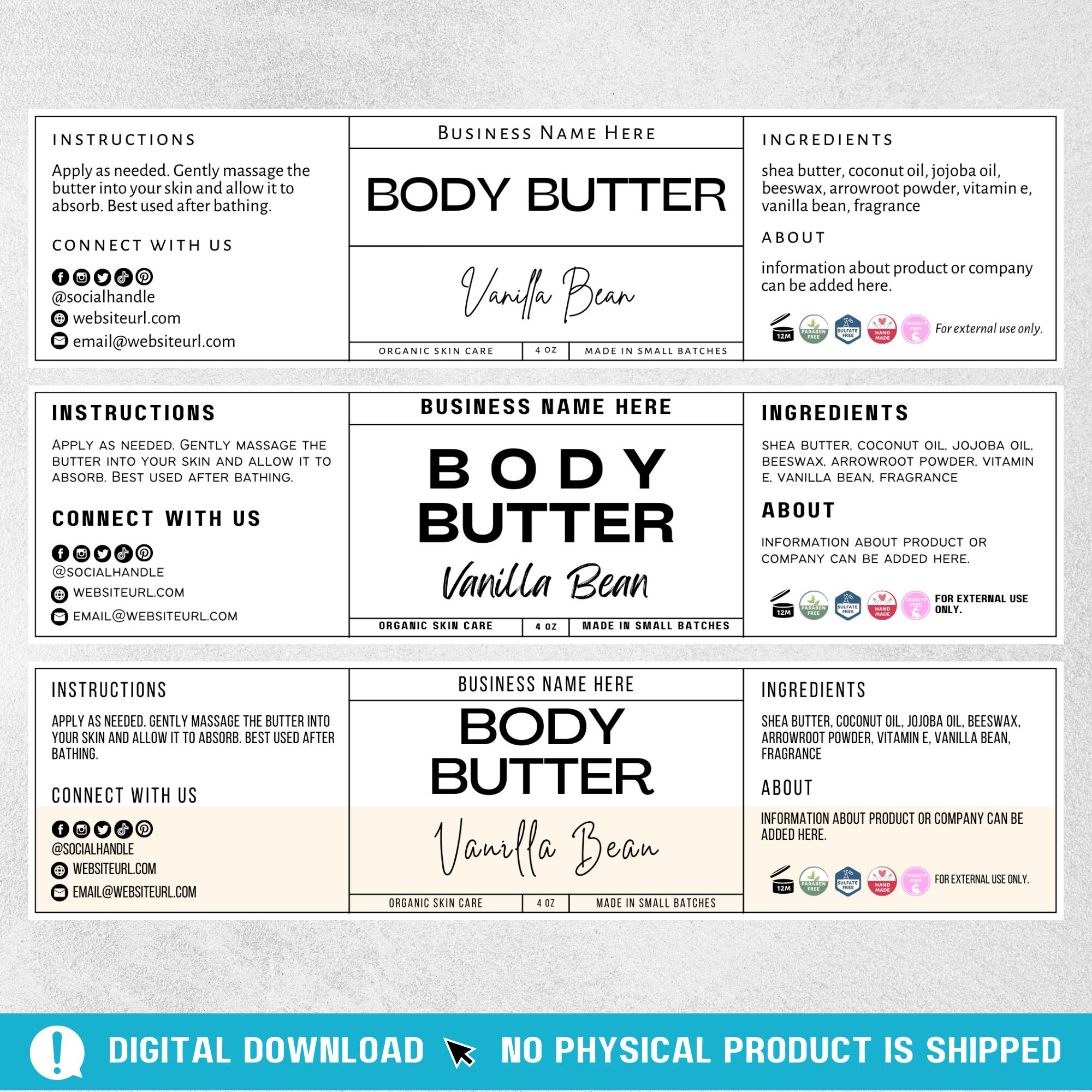 Wrap Around Body Butter Jar Label Template Handmade Balm Butter & Cream ...