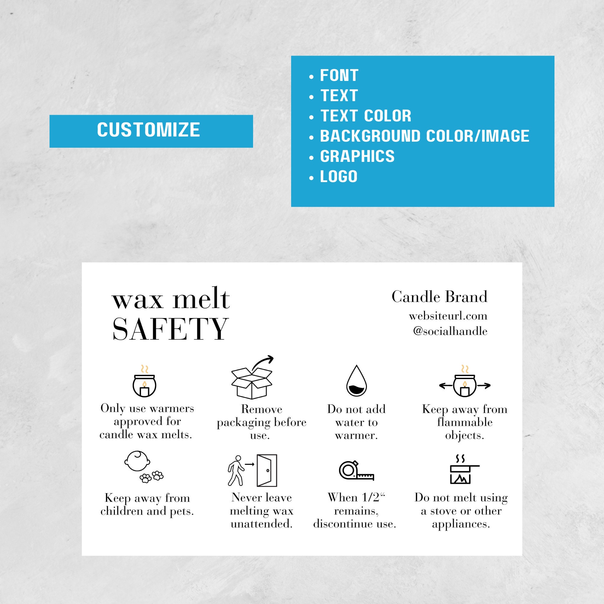 Candle Wax Melt Safety Care Card Template Editable Soy Wax Melt Care ...
