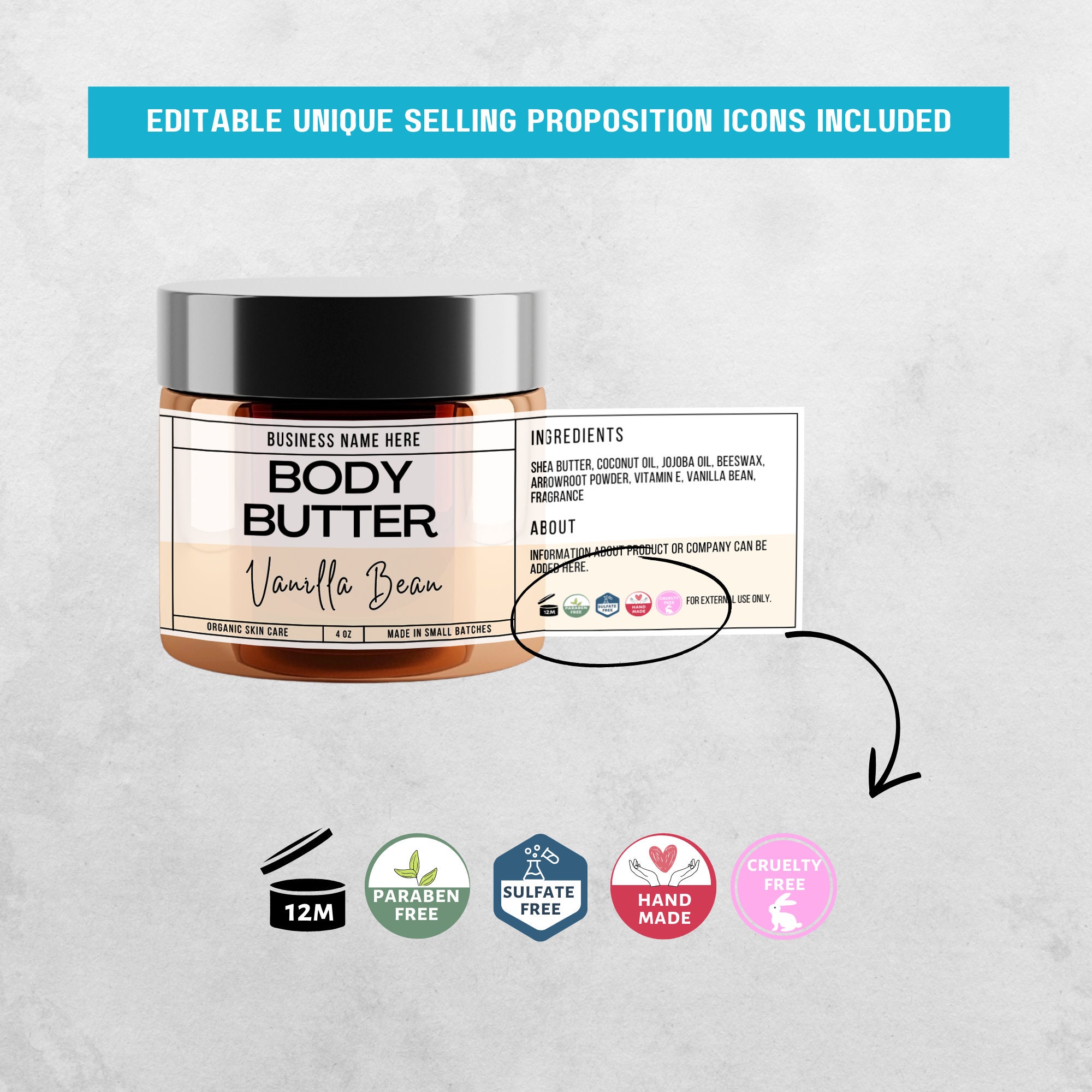 Wrap Around Body Butter Jar Label Template Handmade Balm Butter & Cream ...