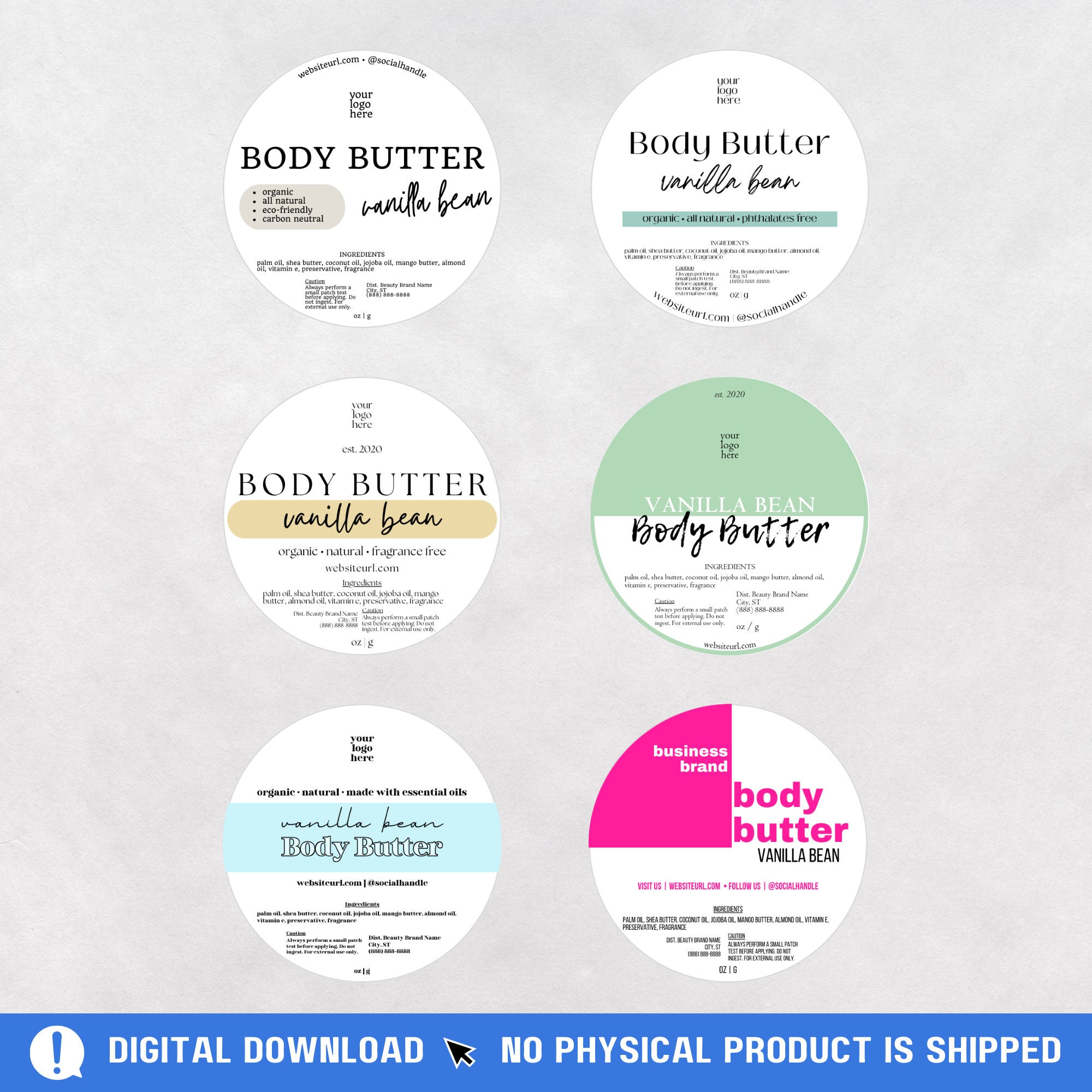 Round Body Butter Label Canva Template Editable Circle Cosmetic Label ...