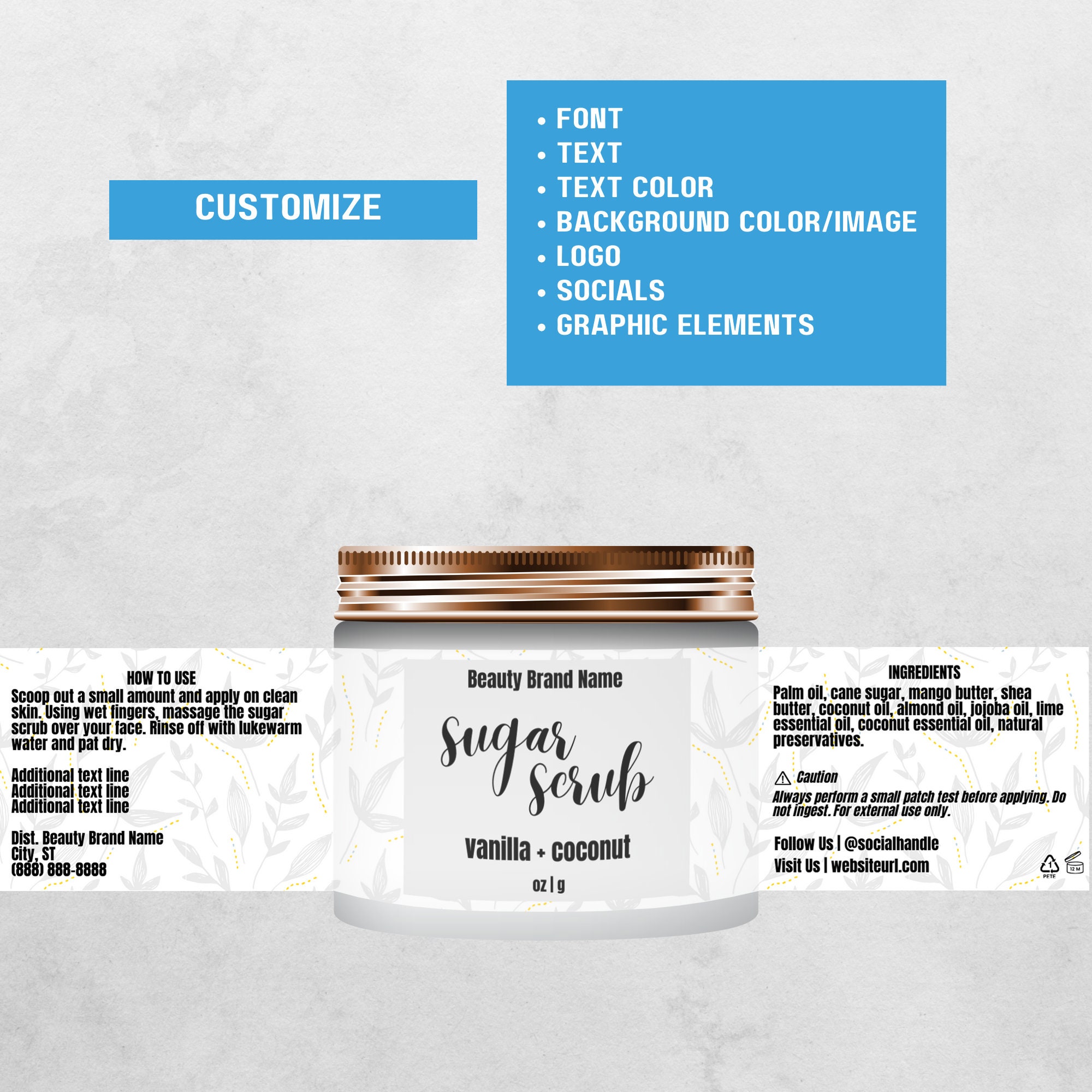 Sugar Scrub Wrap Around Label Template Editable Handmade Cosmetic Jar ...