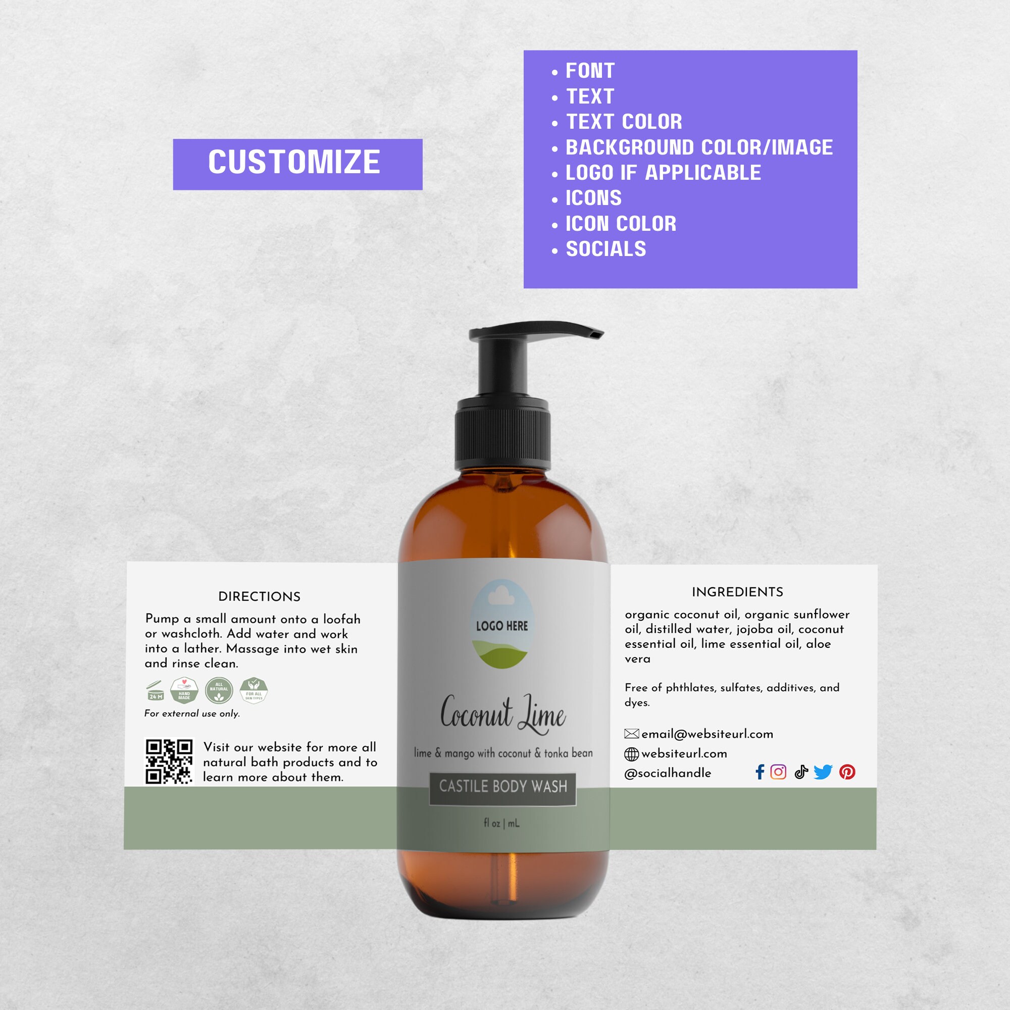 Editable Body Wash Label Template Handmade Liquid Soap Wrap Around ...
