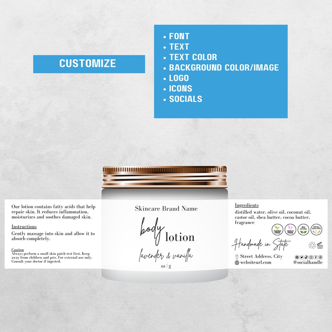 Body Lotion Wrap Around Jar Label Template Custom Skincare Moisturizer ...
