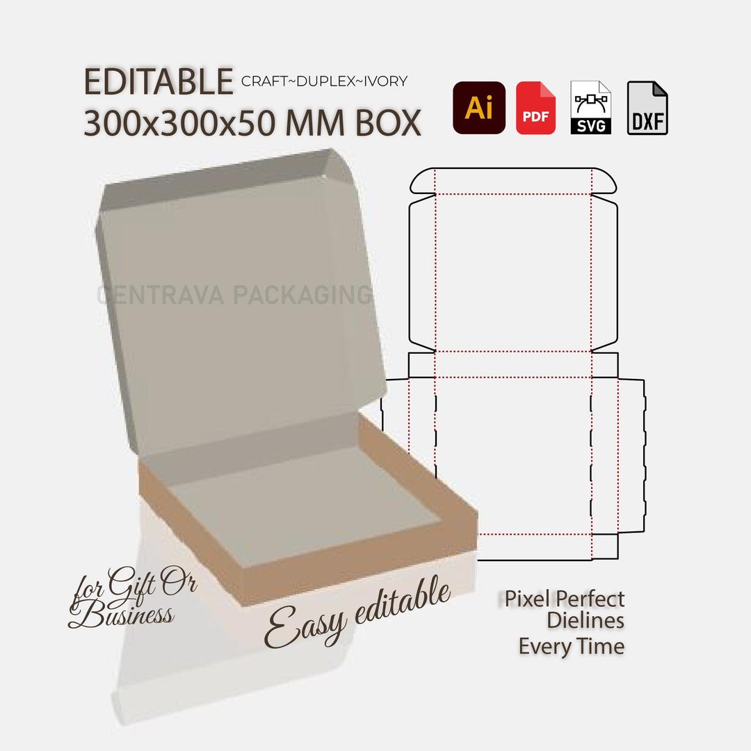 300x300x50mm Self Locking Box SVG Template | Shipping Packaging Dieline ...