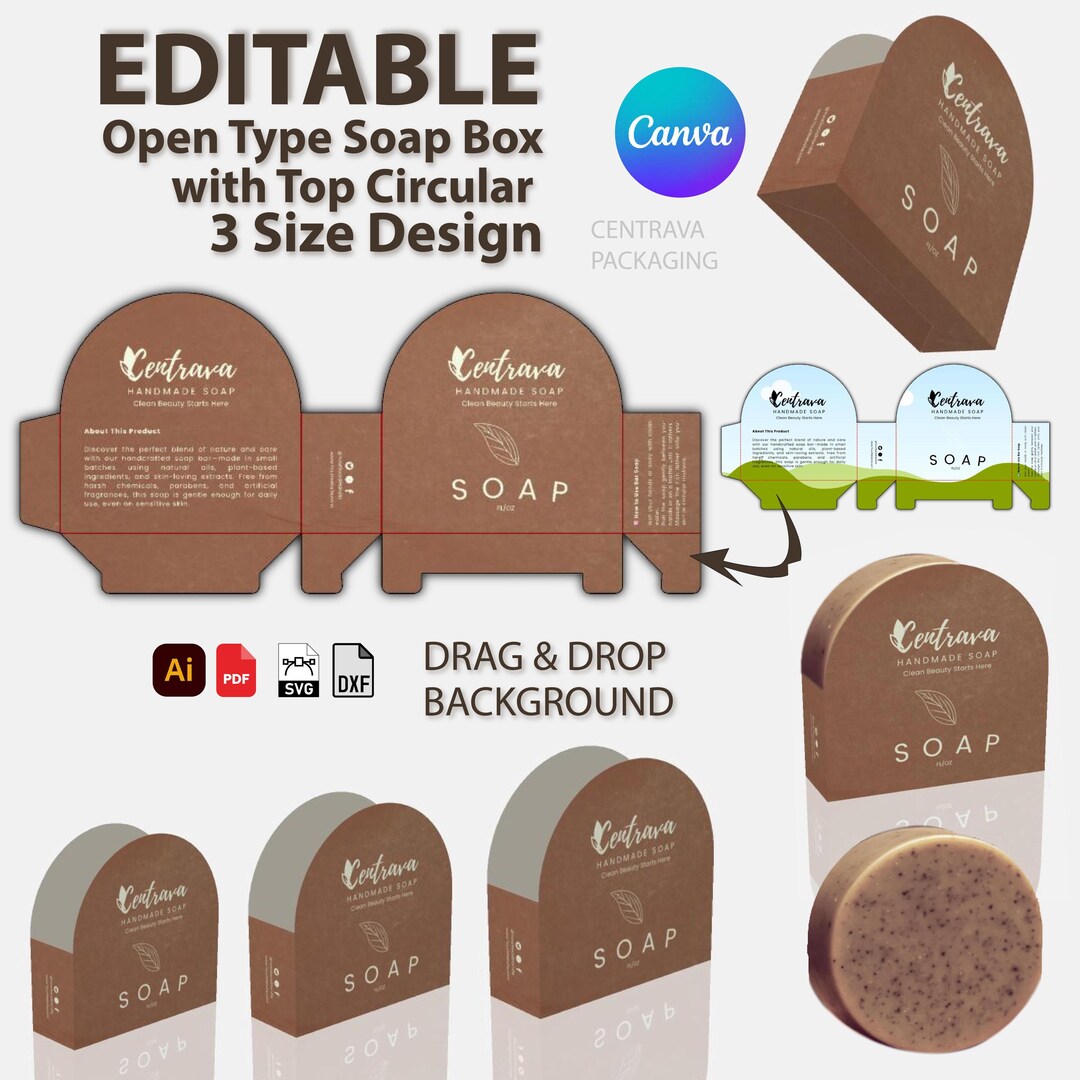 Bundle 3 Sizes Soap Box Template Rounded Open Type Editable in Canva ...
