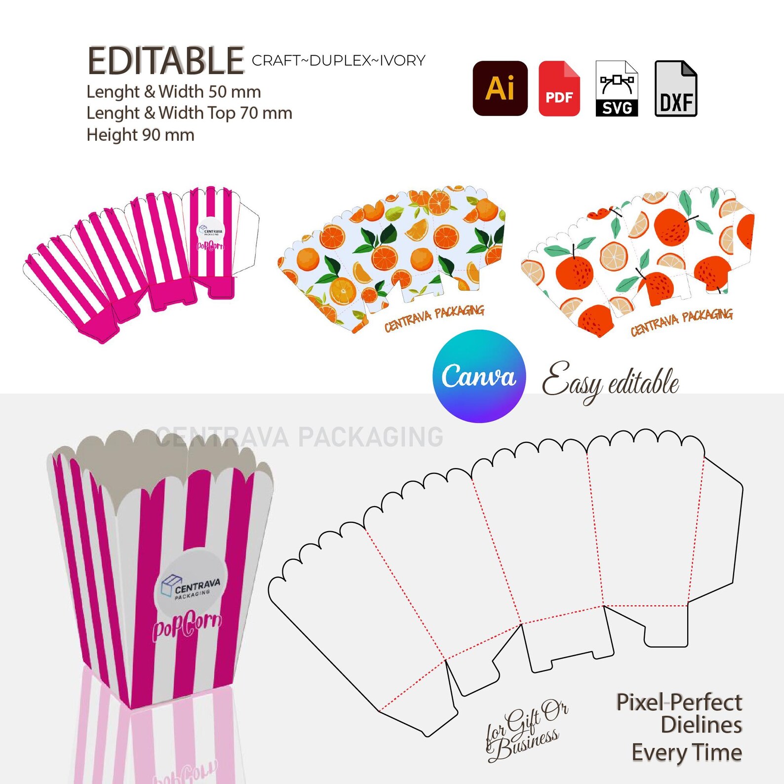 Popcorn Box Canva Template – 5x5 Cm Base, 7x7 Cm Top, 9 Cm Tall | Svg ...