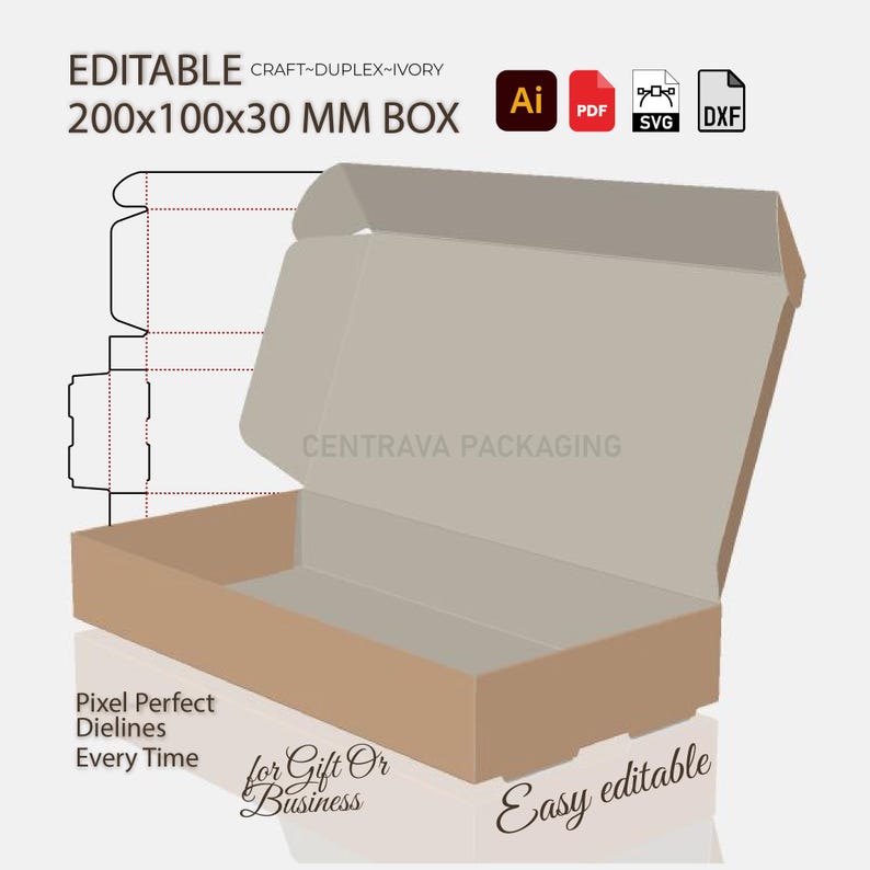 Self Locking Shipping Box Template | 200x100x30mm Cut File SVG PDF DXF ...