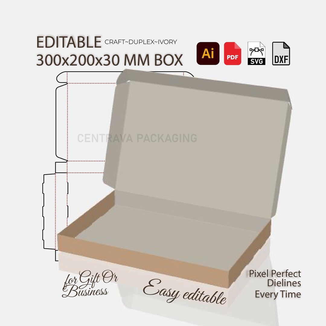 300x200x30mm Shipping Box SVG Template | Self Locking Foldable Design ...