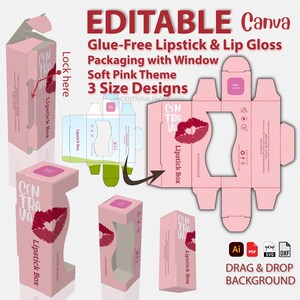 Bundle 3 Sizes Glue Free Lipstick Box Editable Canva Template Soft Pink ...
