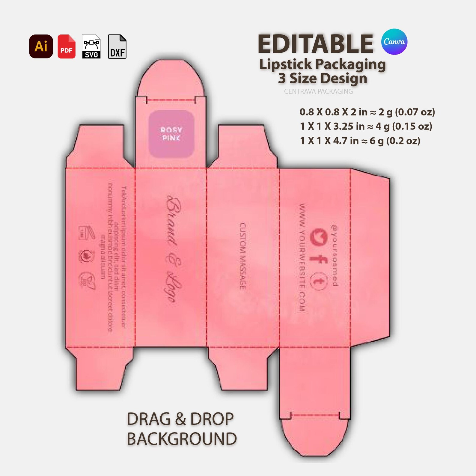Bundle 3 Sizes Lipstick or Lip Balm Box Template Editable in Canva ...