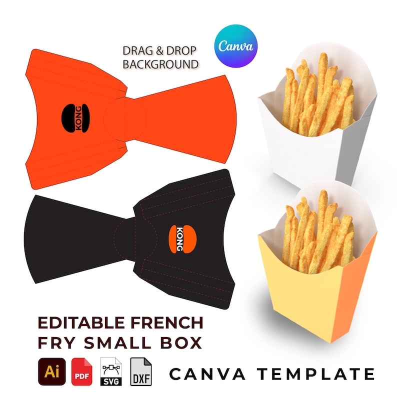 French Fry Box Editable Template Canva SVG DXF | Small Snack Box 5x10 ...