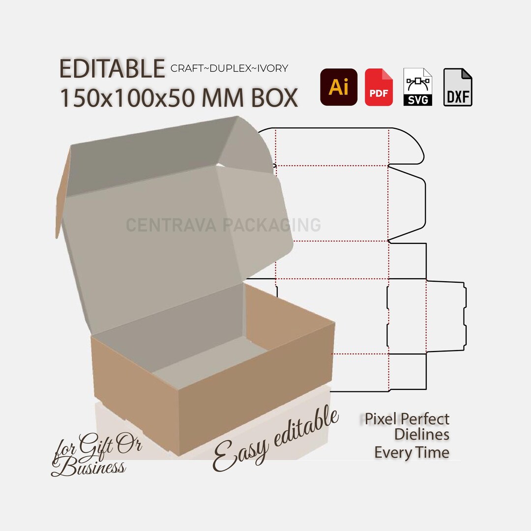 150x100x50mm Self Locking Box Template | Shipping Box Dieline | SVG Cut ...