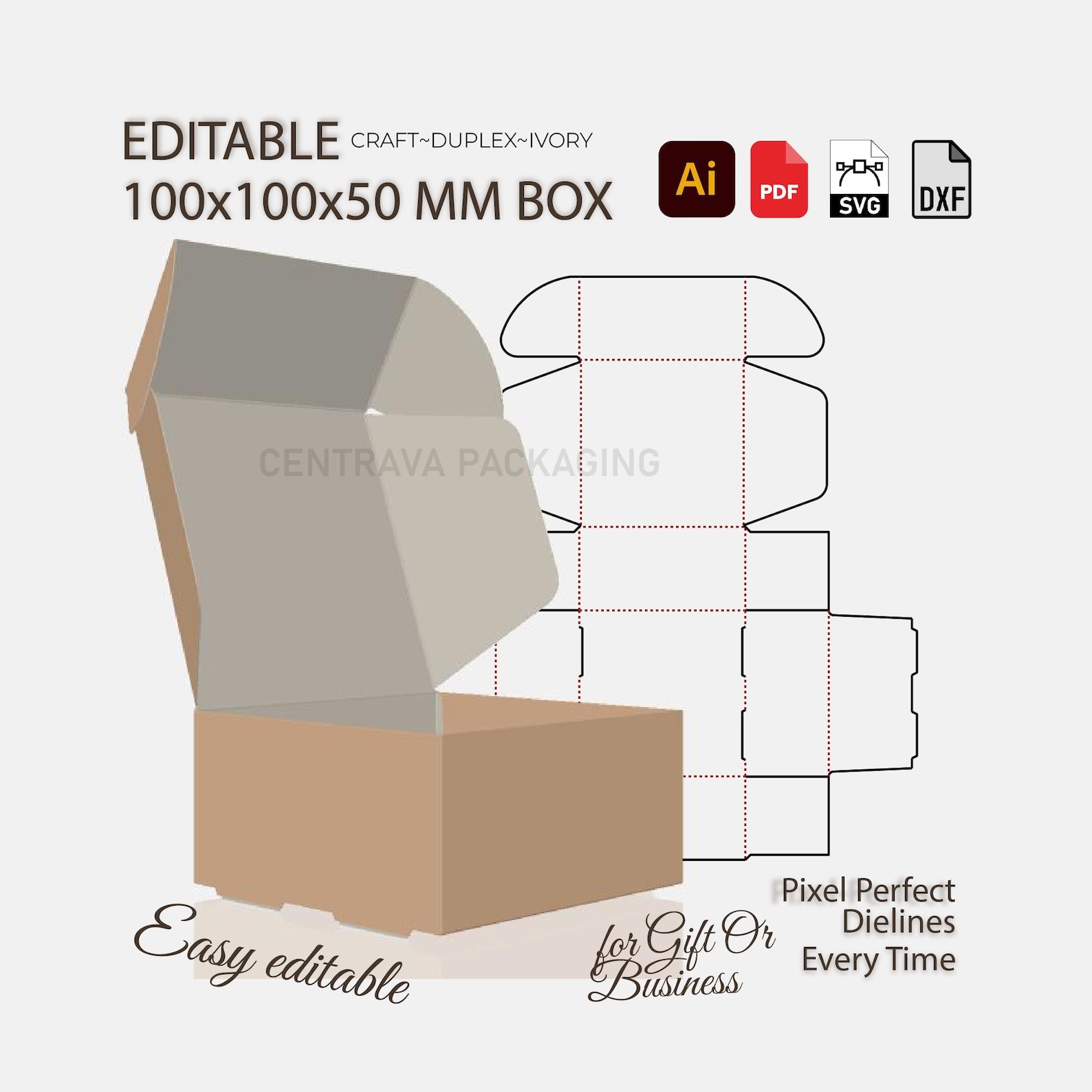 100x100x50mm Shipping Box Template | Self Locking Diy Box SVG PDF DXF ...