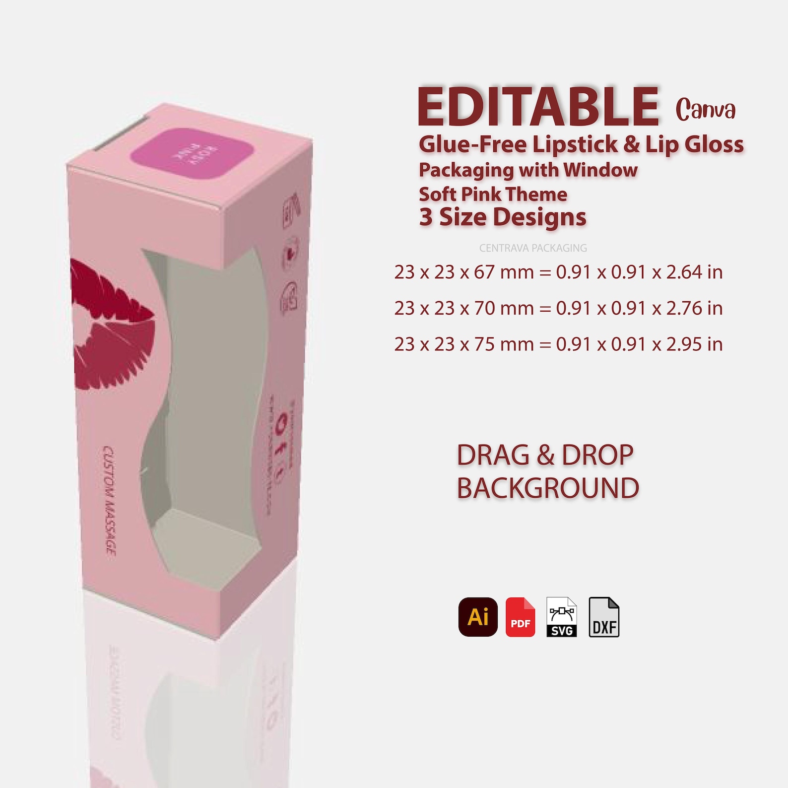 Bundle 3 Sizes Glue Free Lipstick Box Editable Canva Template Soft Pink ...