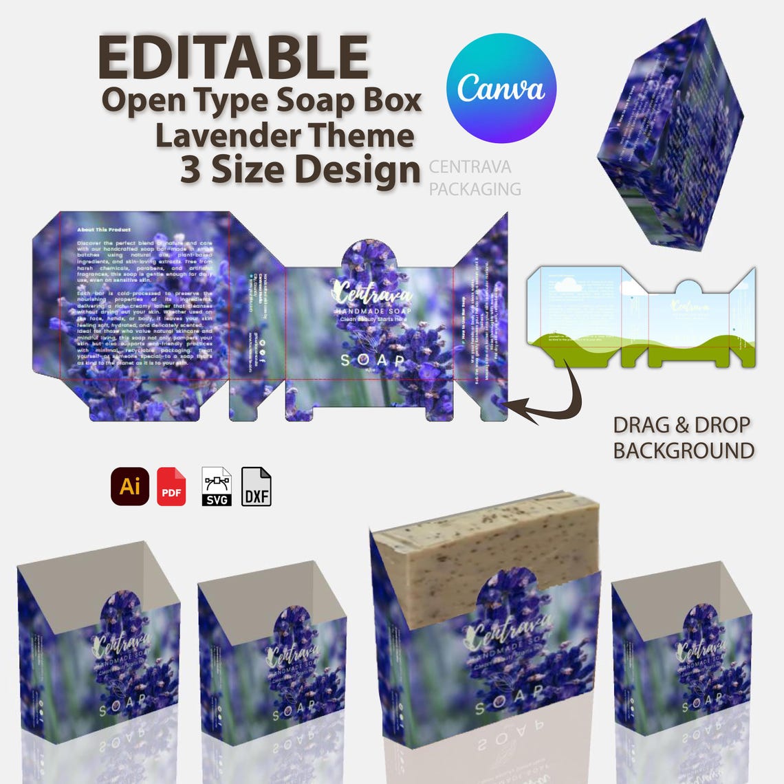 Lavender Theme Open Type Soap Box Template Editable in Canva | Soap ...