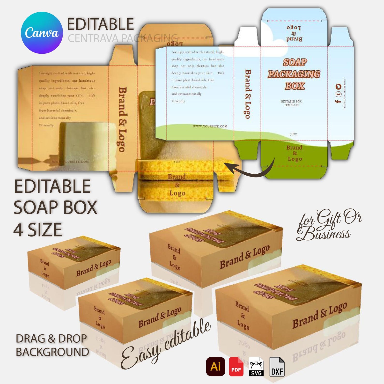Bundle 3 Sizes Luxury Soap Box Template Editable in Canva | Printable ...